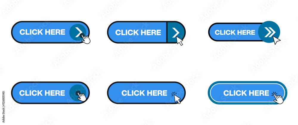Click Here Button: Web button set with a pointer clicking icon, featuring action buttons and ...