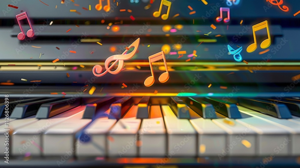 Piano keys with vibrant floating musical notes and colorful streaks in ...
