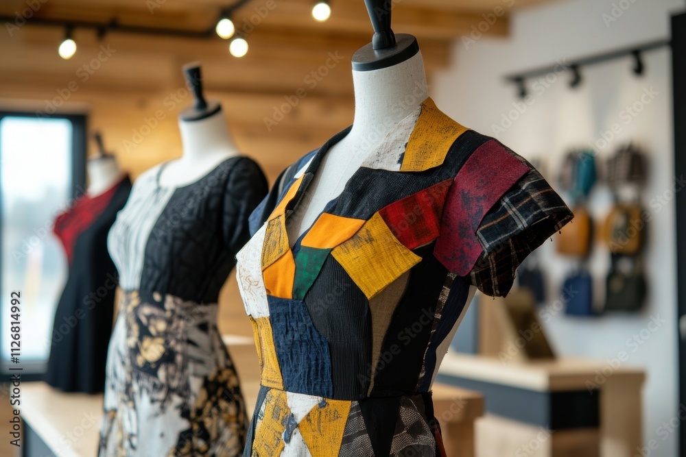 sustainable fashion display, mannequins showcase trendy upcycled ...