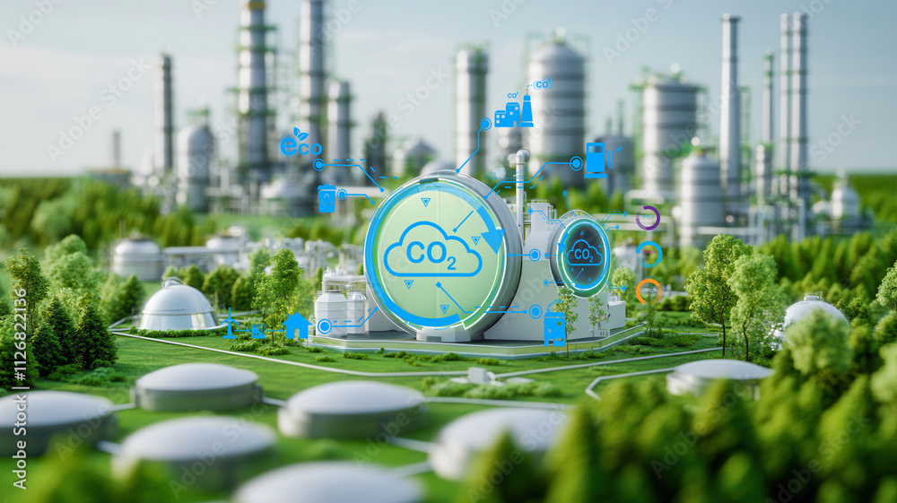 A futuristic eco-friendly industrial complex with green surroundings ...