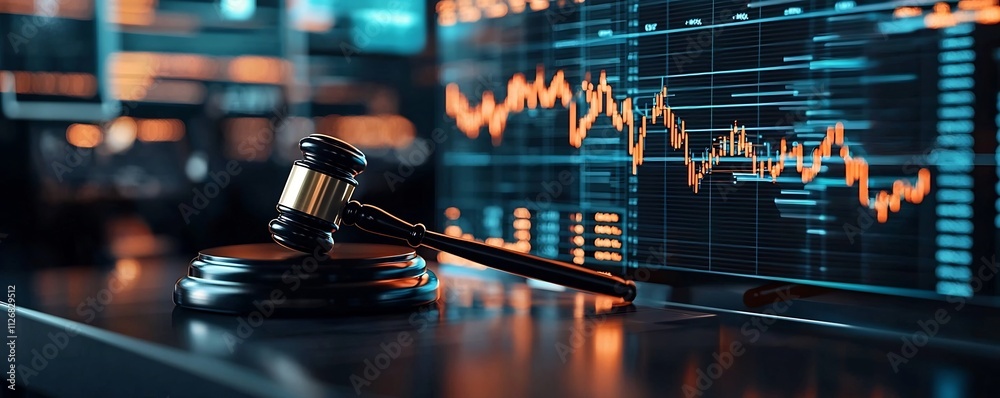 Futuristic digital courtroom setup with a glowing gavel and interactive ...