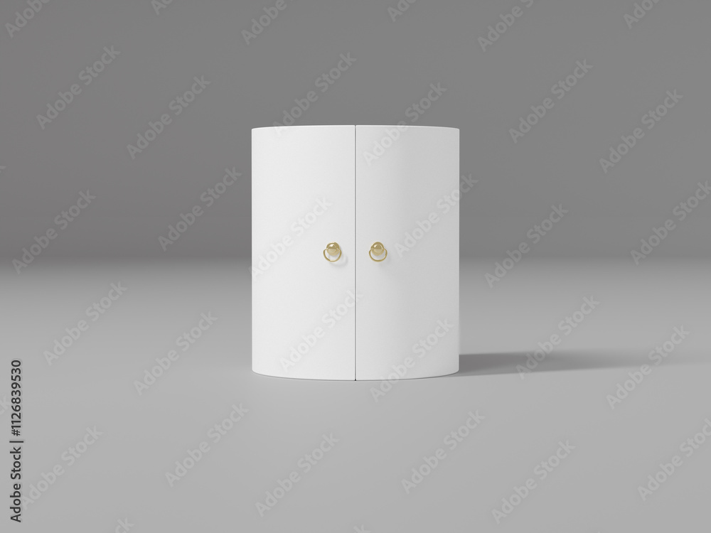 front view of luxury cabinet box mockup, swing-open cylindrical shape ...