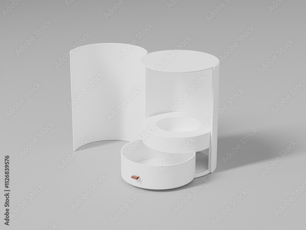 cylindrical cabinet box with sliding drawer mockup, swing-open ...