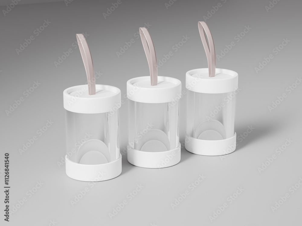 Set of tube packagings with ribbon handle mockup, transparent cylinder ...