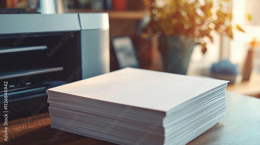 Organizing a stack of glossy photo paper next to a printer in a home ...
