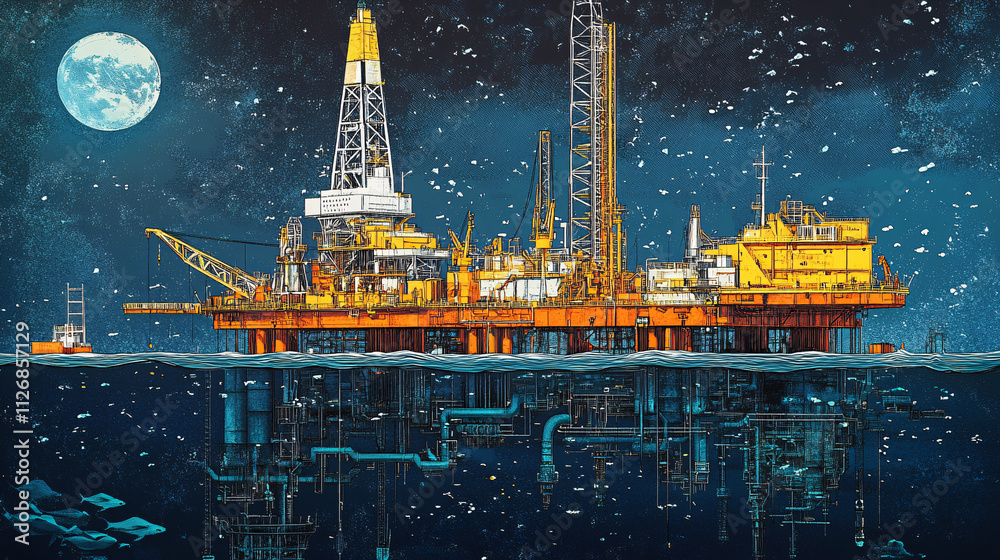Cross-section drawing of a deep-sea oil drilling rig, showing ...