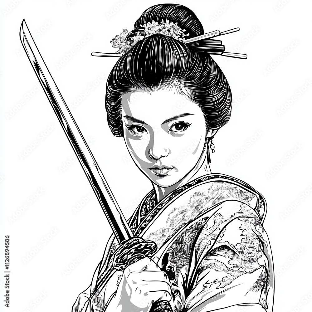 Detailed vector line art of a geisha with an elegant sword, rendered in ...
