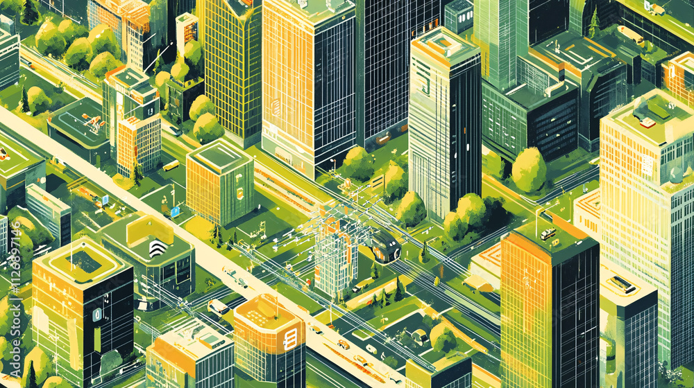 Illustration of a smart city concept, with autonomous cars, green ...