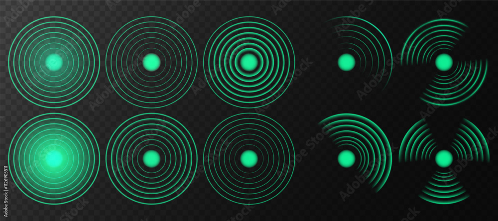 Realistic Green Radio Wave Signals: Radial Wi-Fi Connection Icons with ...