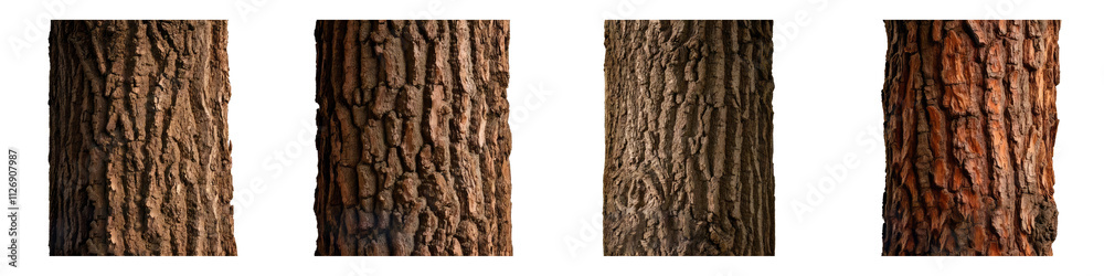 Oak tree bark close-up showing detailed textures, isolated on a ...