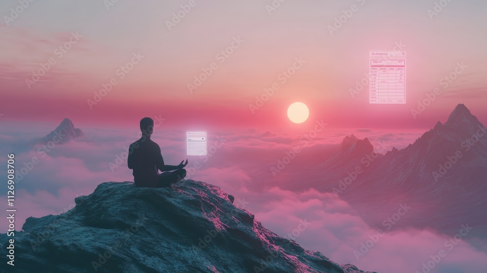 Person meditating on a mountain peak at sunrise with a holographic ...
