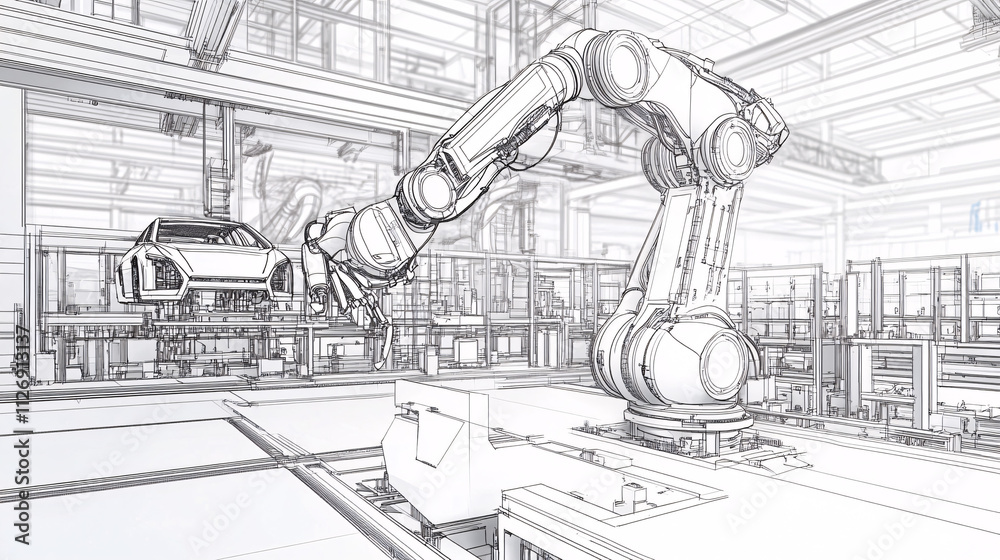 Line drawing of an industrial robotics arm assembling car parts on a ...