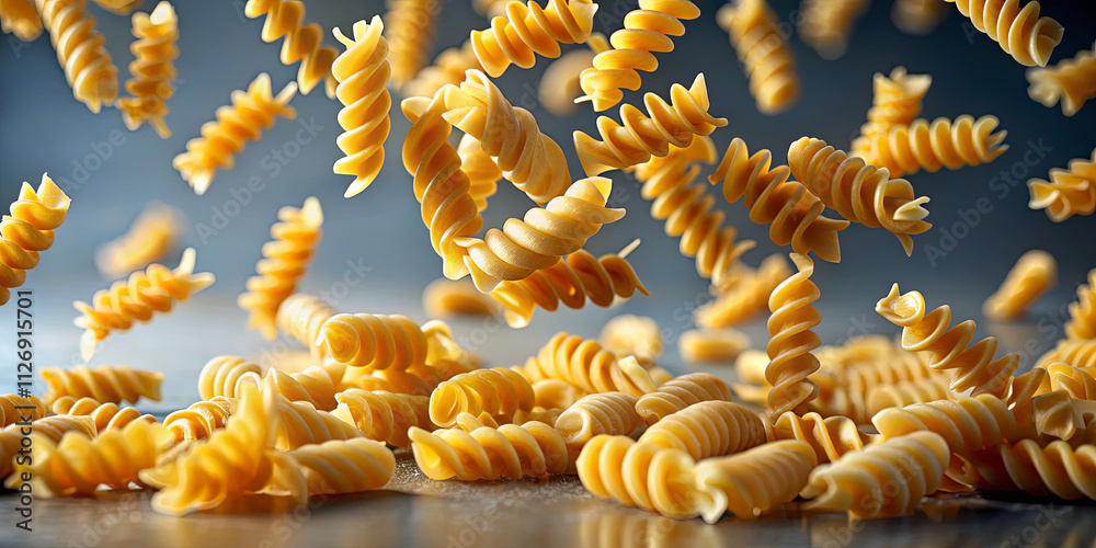 Uncooked fusilli pasta twists spiral and float in mid-air, capturing ...