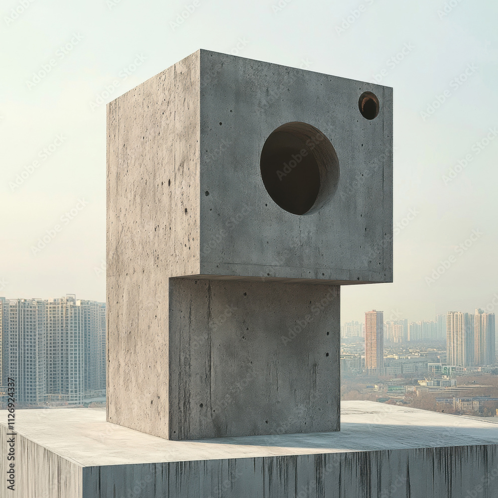 Bird house concept. A minimalist concrete sculpture stands on a rooftop ...