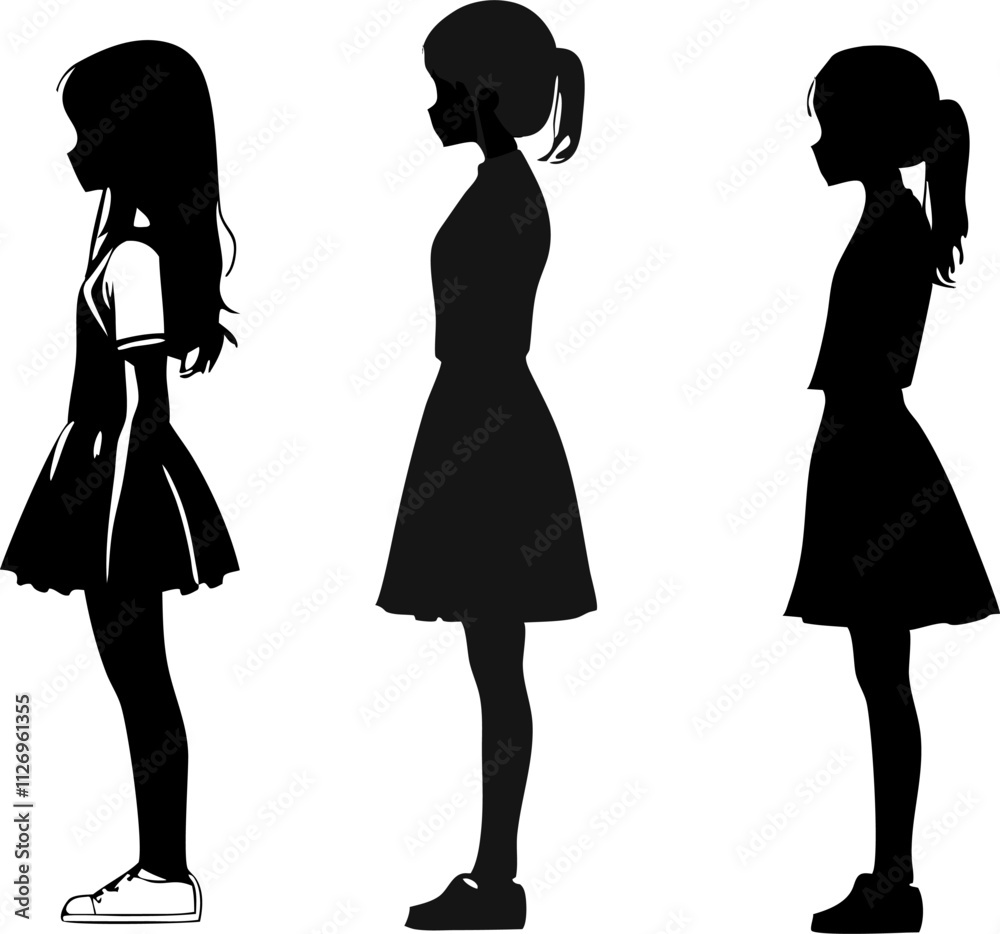 Side view silhouettes of three schoolgirls wearing uniforms and ...