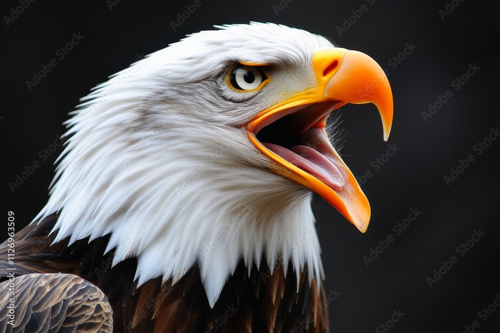 Side profile of a bald eagle in mid-screech - the sharp beak open with ...