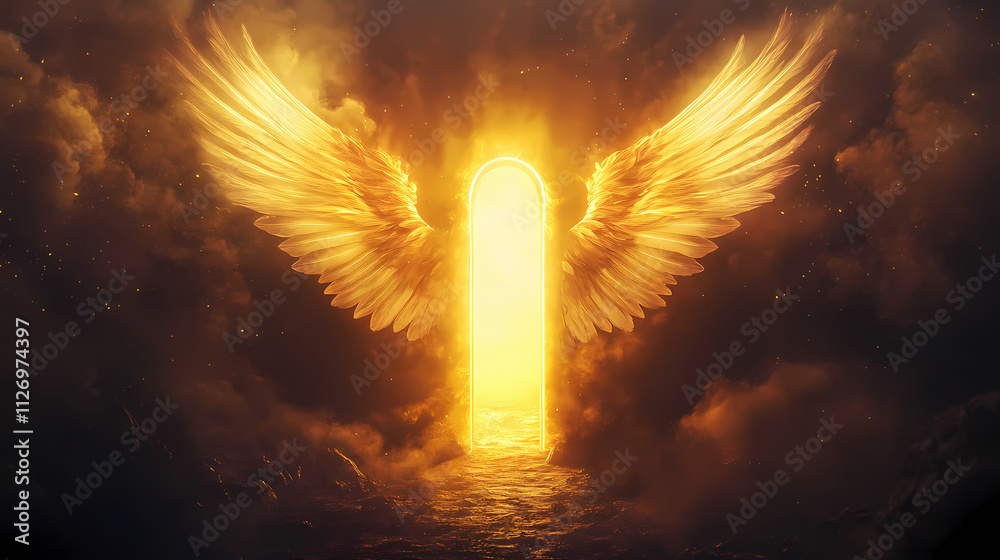 Divine gate to heaven illuminated with wings. Rapture. Illustration ...