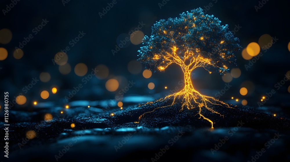 Resilience: A luminous tree thrives, its roots glowing brightly against ...