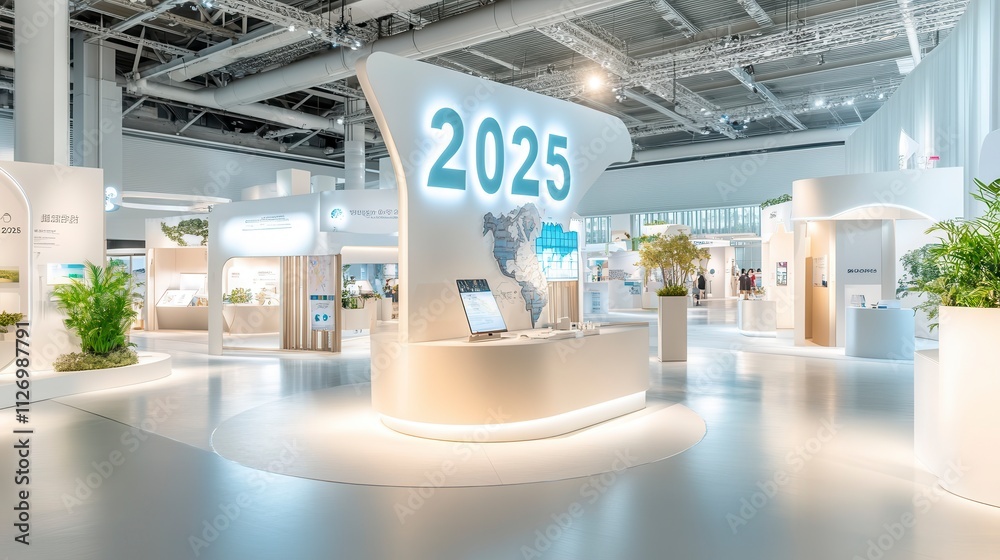 Modern Exhibition Hall with Illuminated 2025 Signage and Minimalist ...