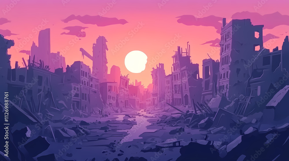 Barren post apocalyptic city ruins wasteland. destroyed abandoned town ...