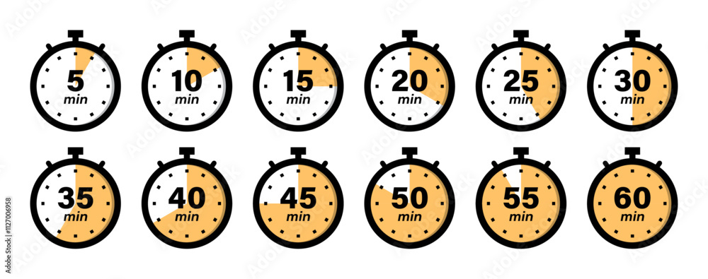 Timer, clock, stopwatch icon set with 5 minutes gap in yellow and black ...