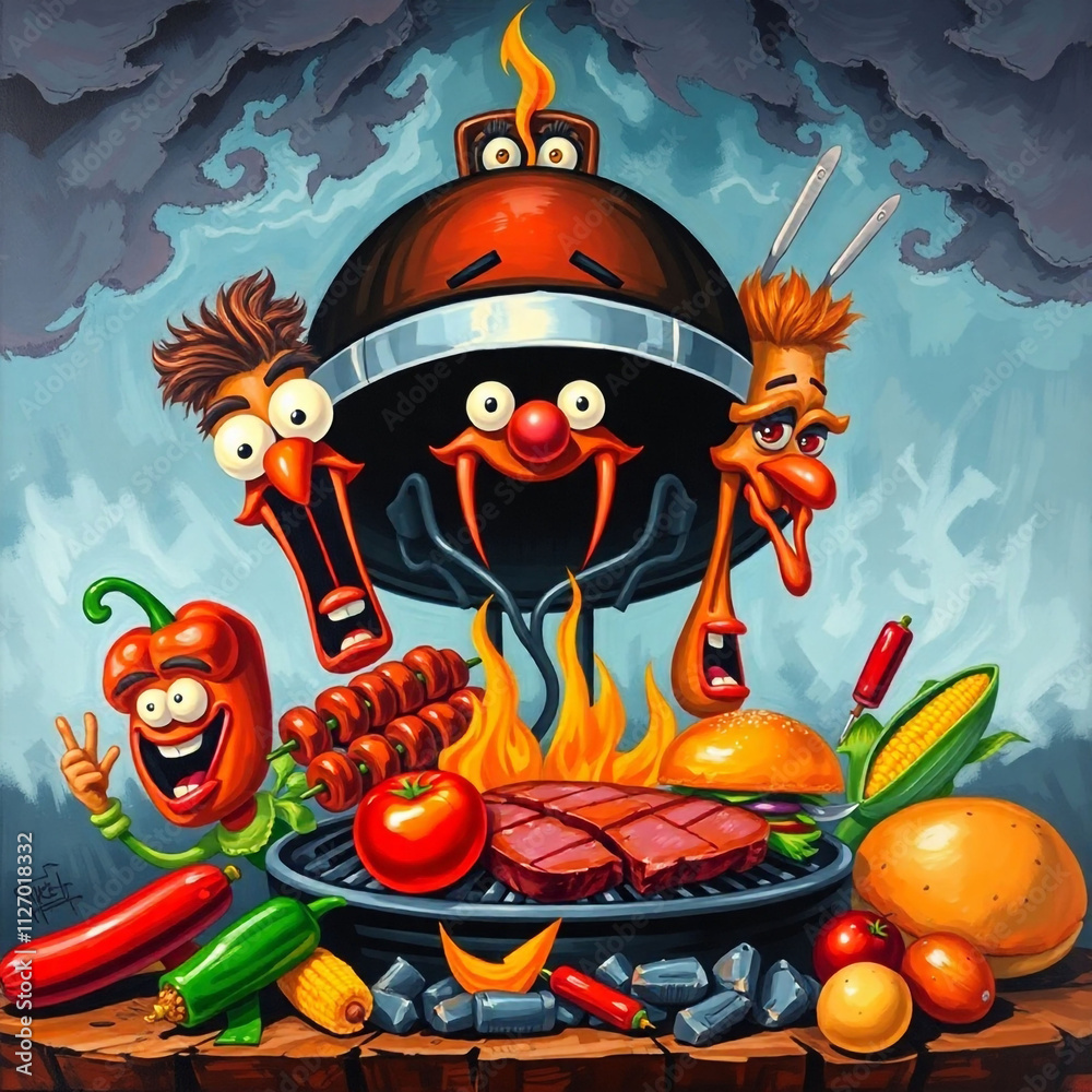 Retro groovy barbeque characters, cartoon bbq grill personages. Vector ...