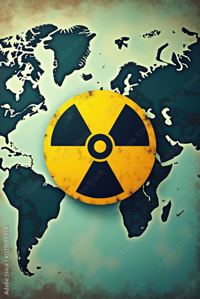 Vintage World Map with Central Radiation Symbol Depicting Global ...