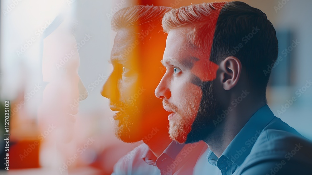 man making eye contact during a conversation, overlaid with an image of ...