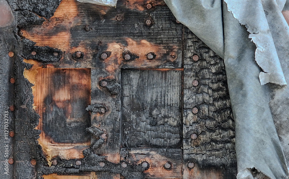 Foto de Stock Charred Wooden Door with Rivets and Weathered Textiles: A ...