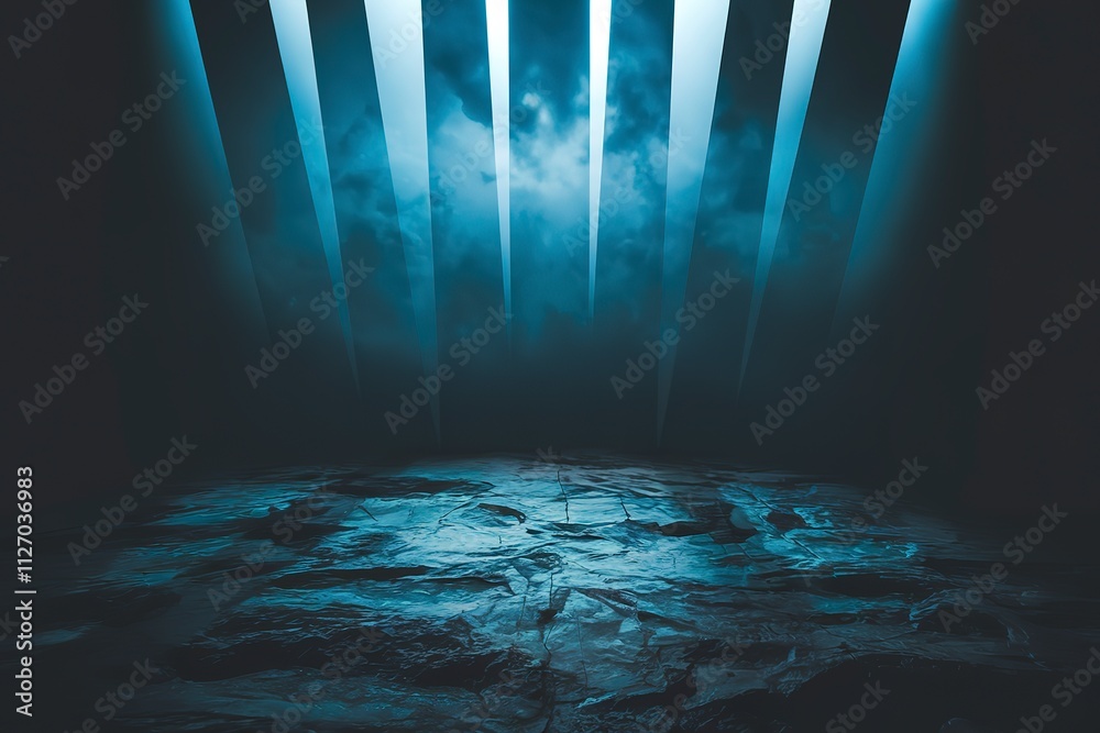 A dimly lit, atmospheric scene dominated by vertical, ethereal blue ...