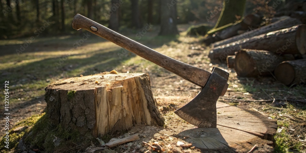 An axe resting on a tree stump in a forest, a symbol of the cycle of ...