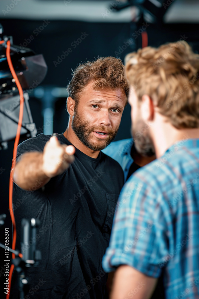 Film director pointing while giving instructions to actors, intense ...