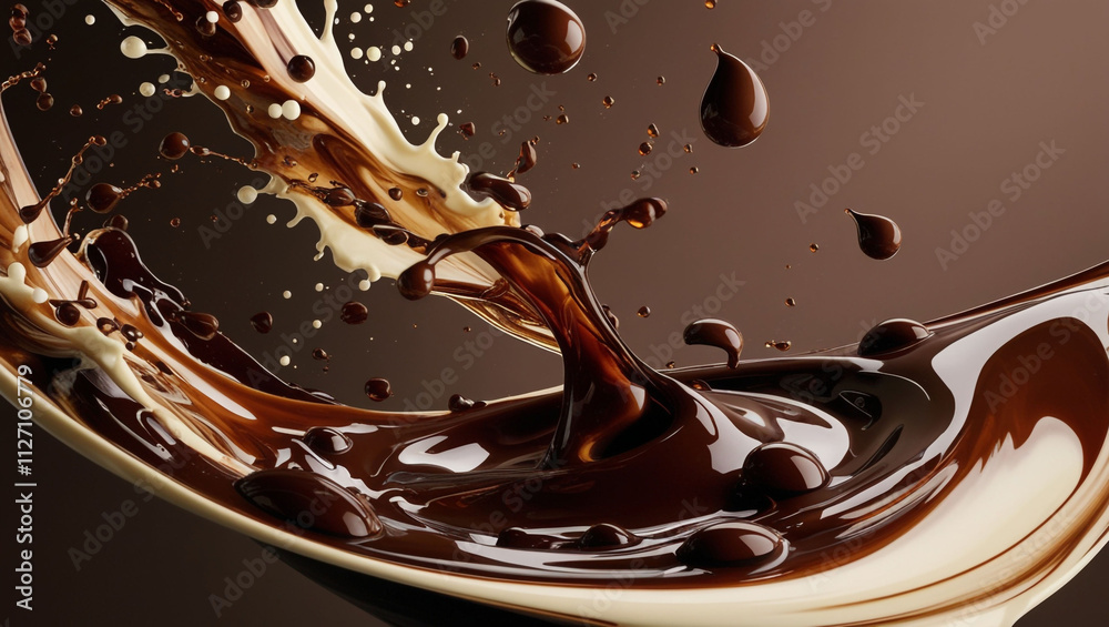 Beautiful dynamic coffee splash with many drops. Mocha color concept ...