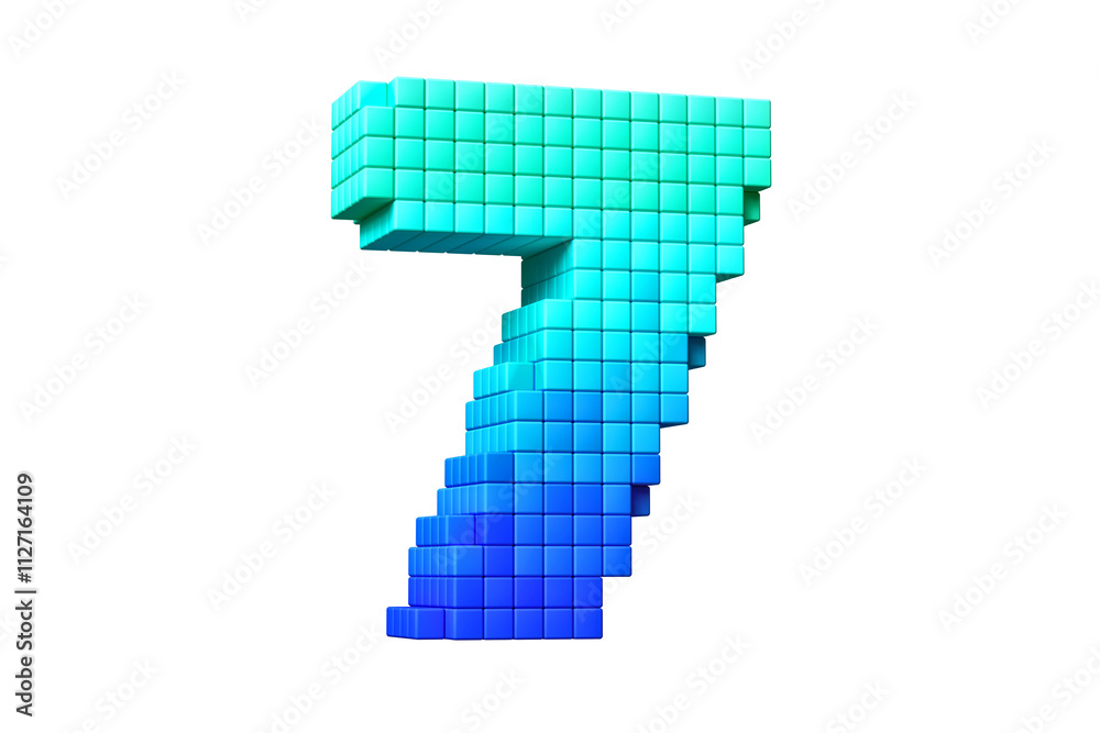 8-bit font pixel art style digit number 7 in blue gradient tones. High ...