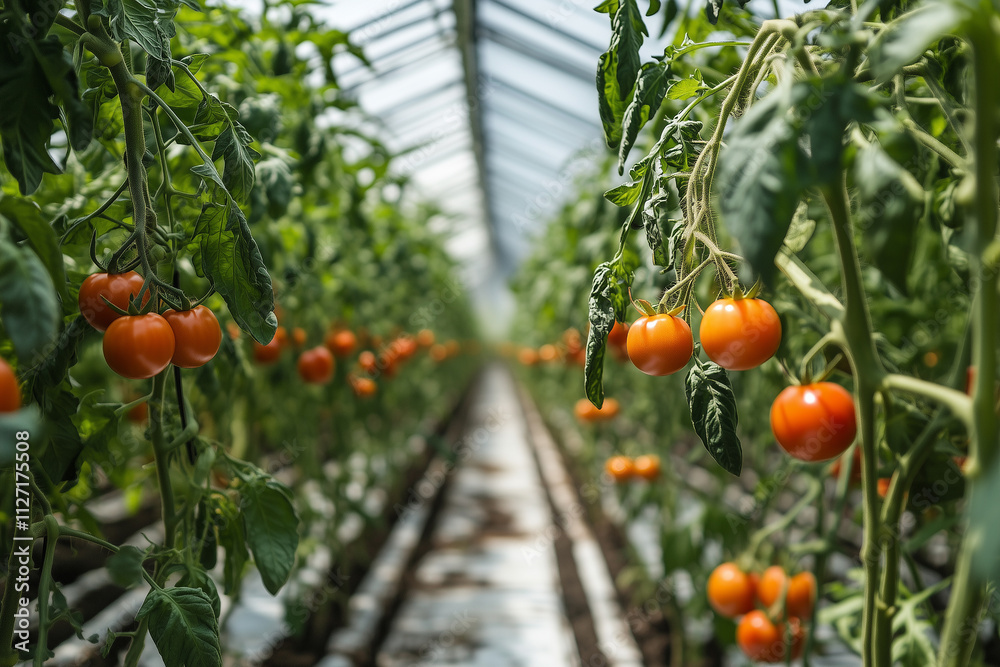 Tomato cultivation in a greenhouse, featuring rows of healthy tomato ...