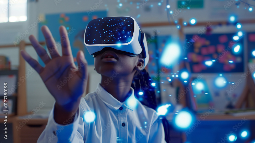 School student with VR headset using AI artificial intelligence ...