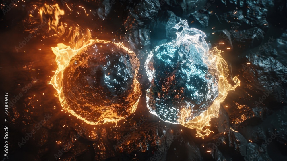 Abstract ice and fire art, a concept of cold vs hot elements in a ...