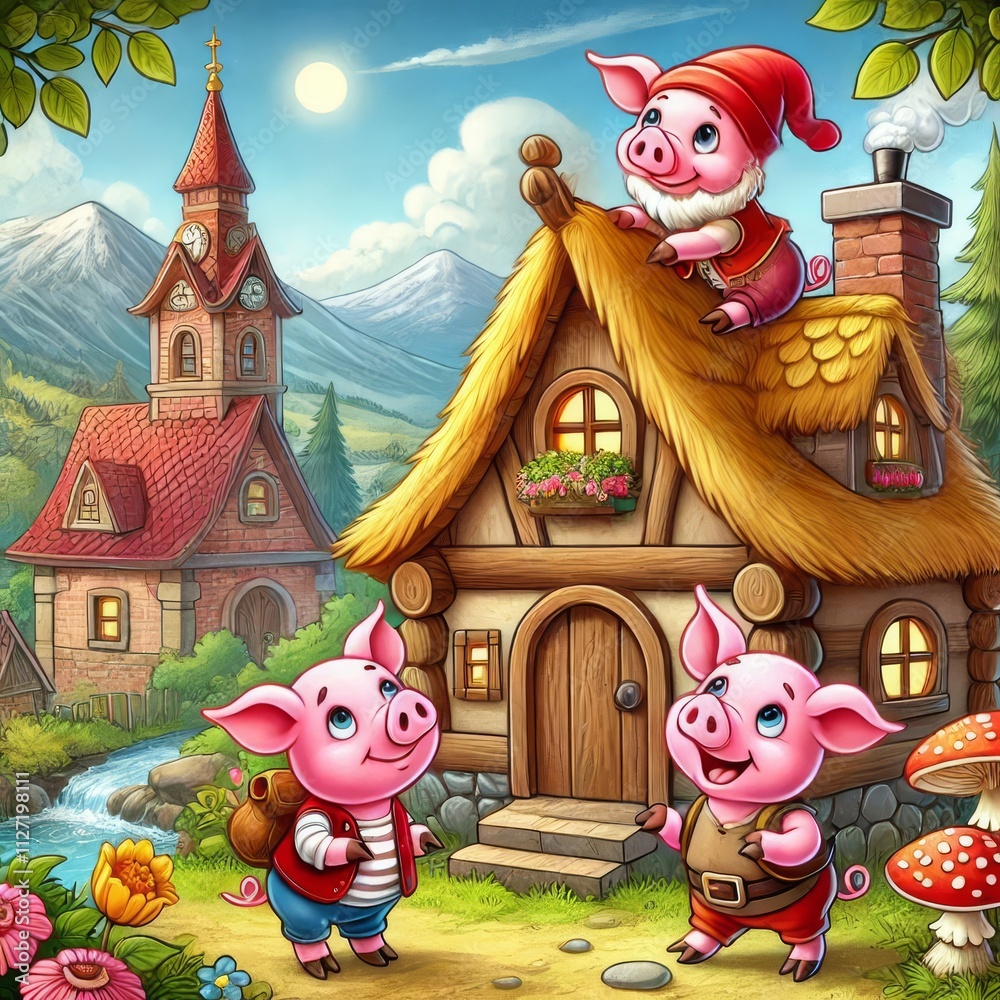 Illustration For The Fairy Tale Three Little Pigs In A Fairy Tale Style