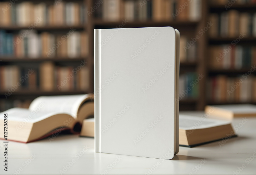 Blank white book standing upright on a table with blurred bookshelves ...