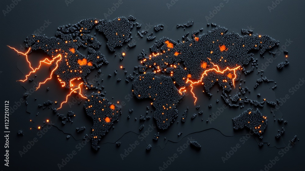 Lightning Bolts on a Global Network Map: A world map with lightning ...