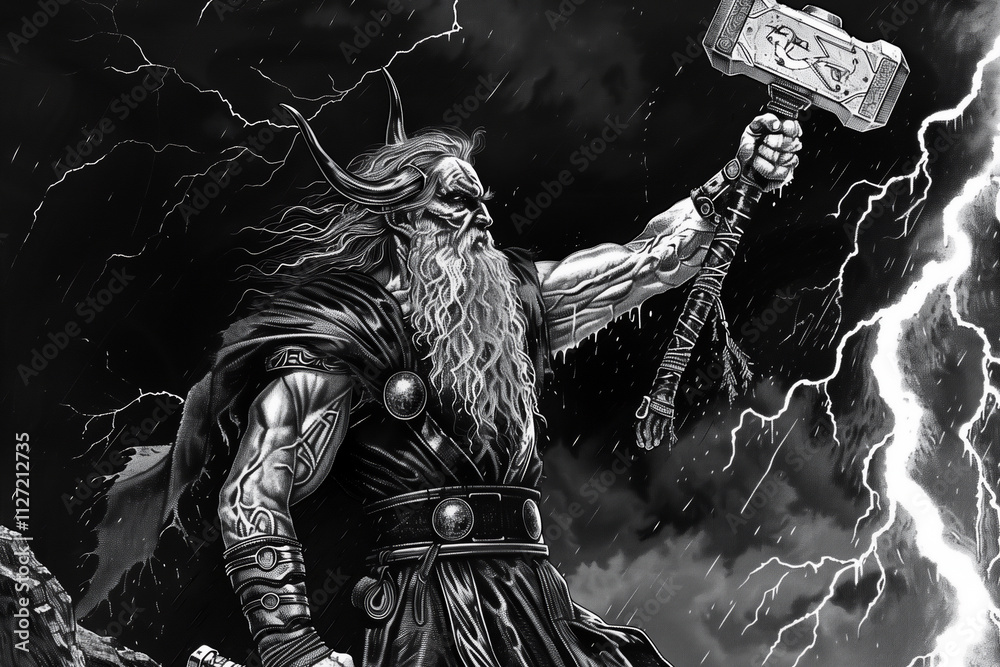 Engraving of the Norse god Thor wielding a magical hammer called ...
