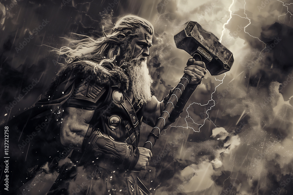 Engraving of the Norse god Thor wielding a magical hammer called ...