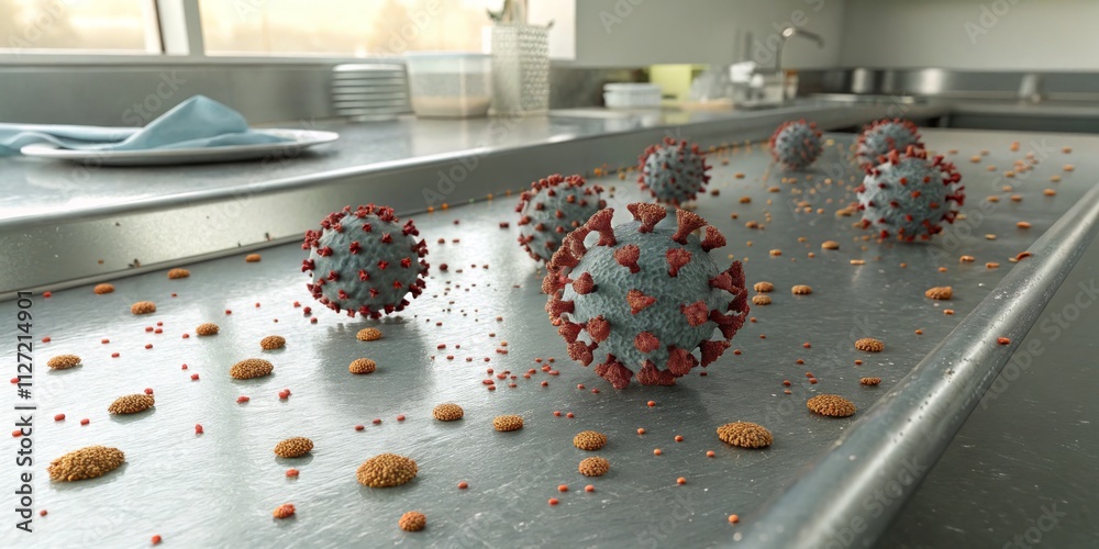 Microscopic view of viruses on a kitchen surface highlighting ...