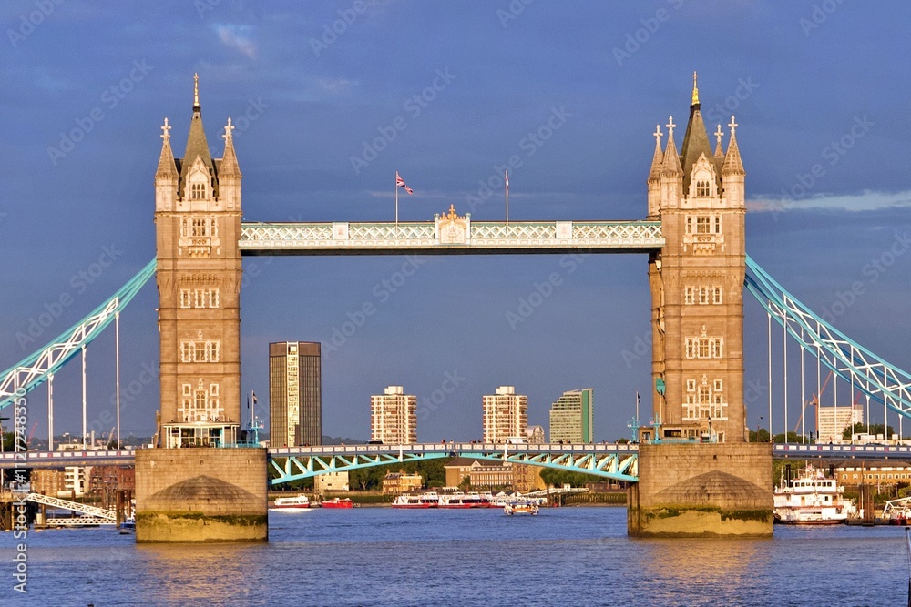 An aerial photograph of London's iconic Tower Bridge spanning the River ...