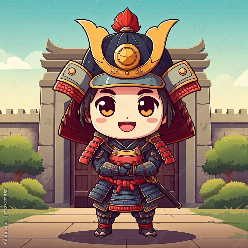 cute chibi samurai standing in front of a castle gate, wearing a ...