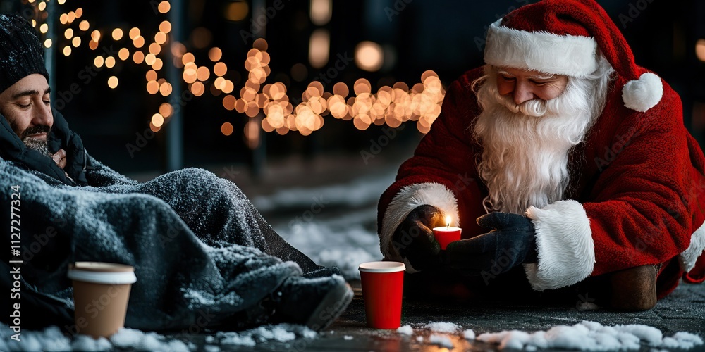 Santa shares a warm moment with a homeless man on a snowy street ...