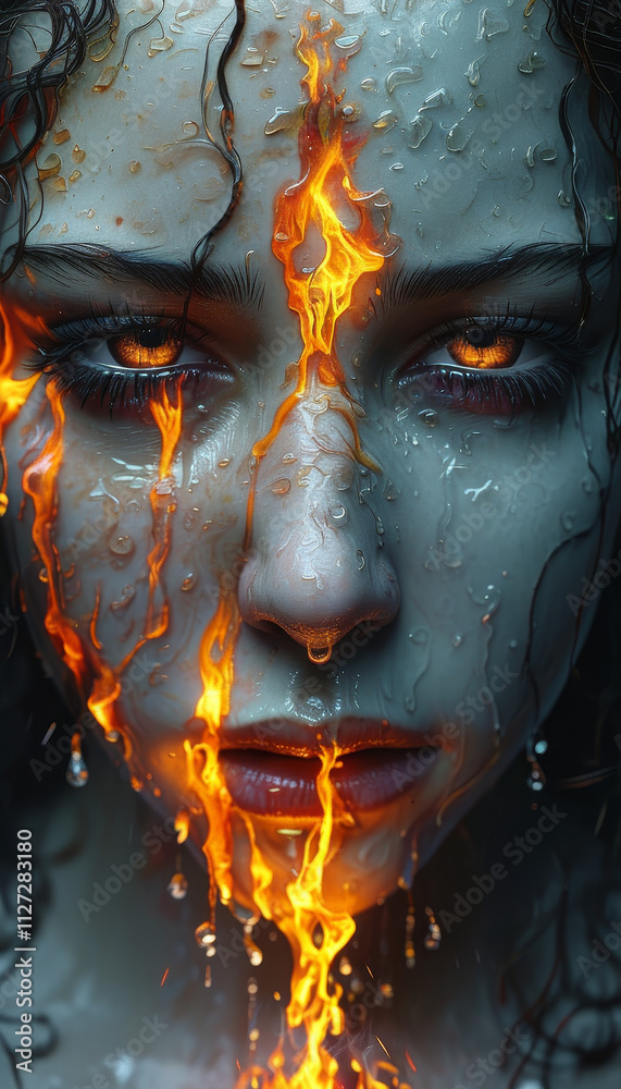 A two-faced beautiful woman crying in sorrow with a burning face ...