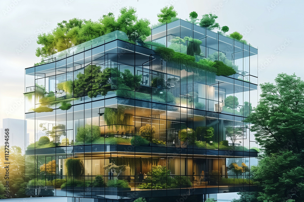 Modern Multi-story Glass Building with Extensive Green Roof and ...
