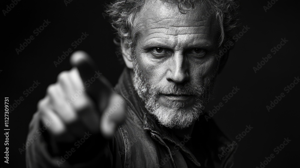 Black and white portrait of a serious man pointing at the camera with ...