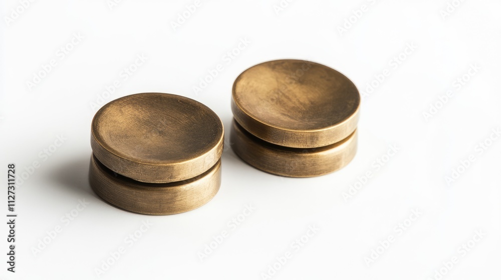 Brass balance weights on a white background showcasing their circular ...